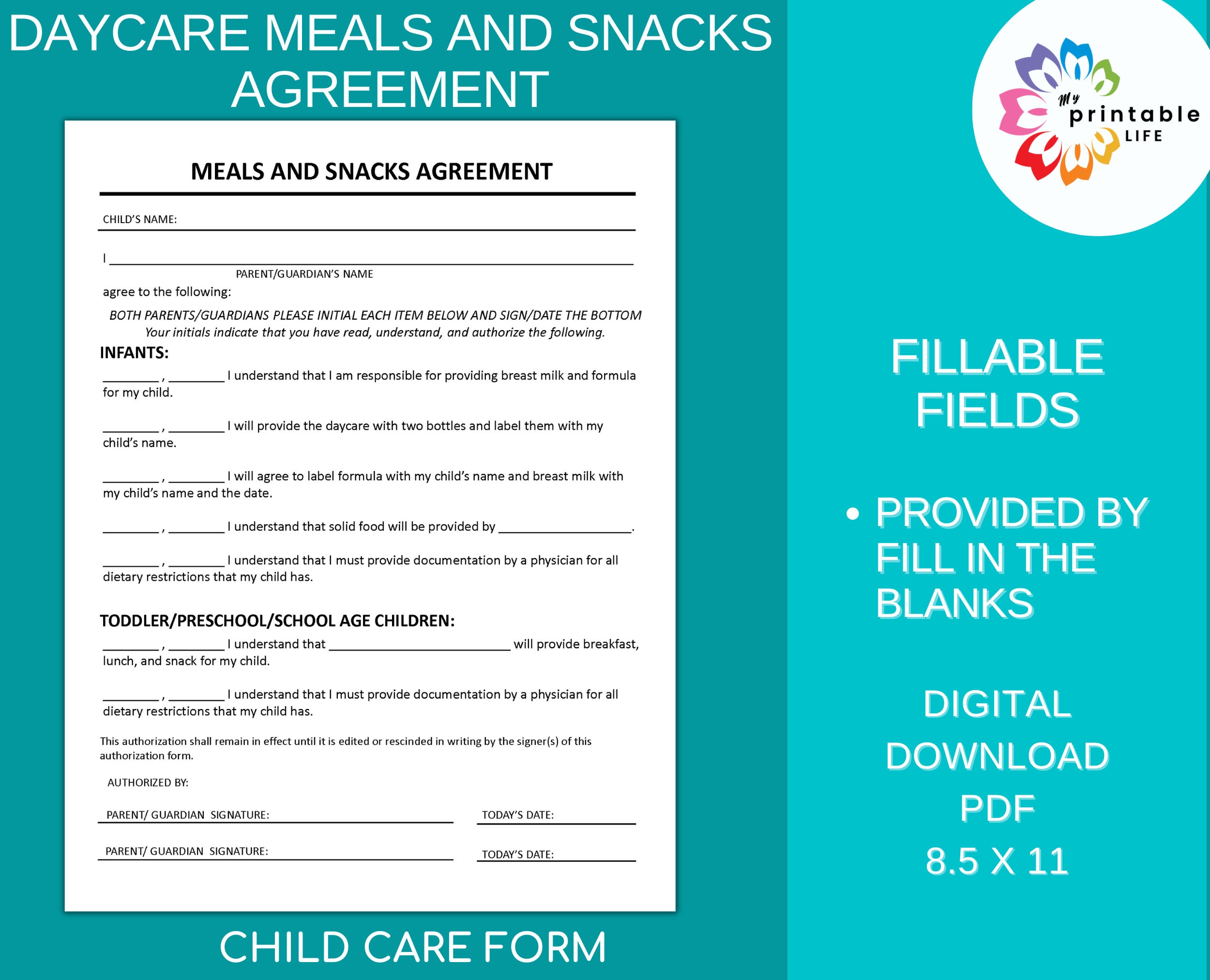 Daycare Meals and Snacks Agreement, Child Care Form - Etsy