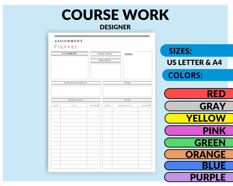 Assignment Planner Printable for Students | Homework Tracker | Academic ...