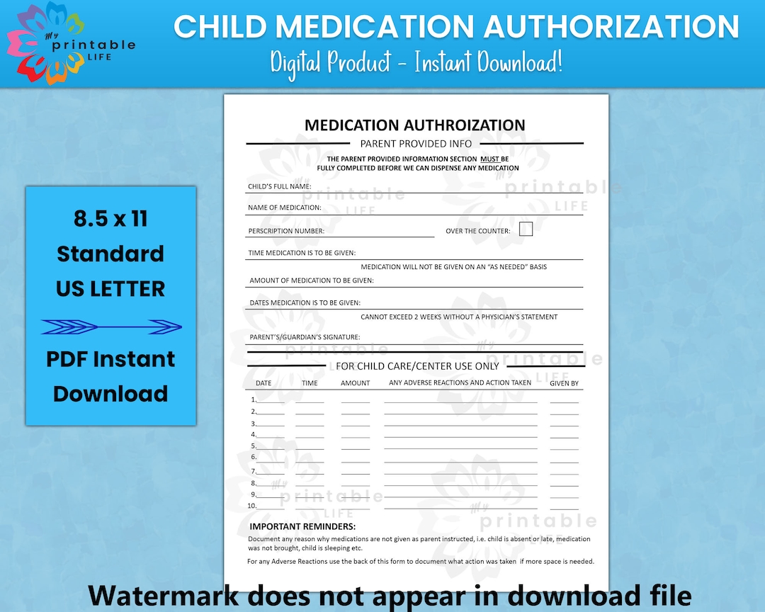 DAYCARE MEDICATION FORM, Childcare Center Medication Authorization Form ...