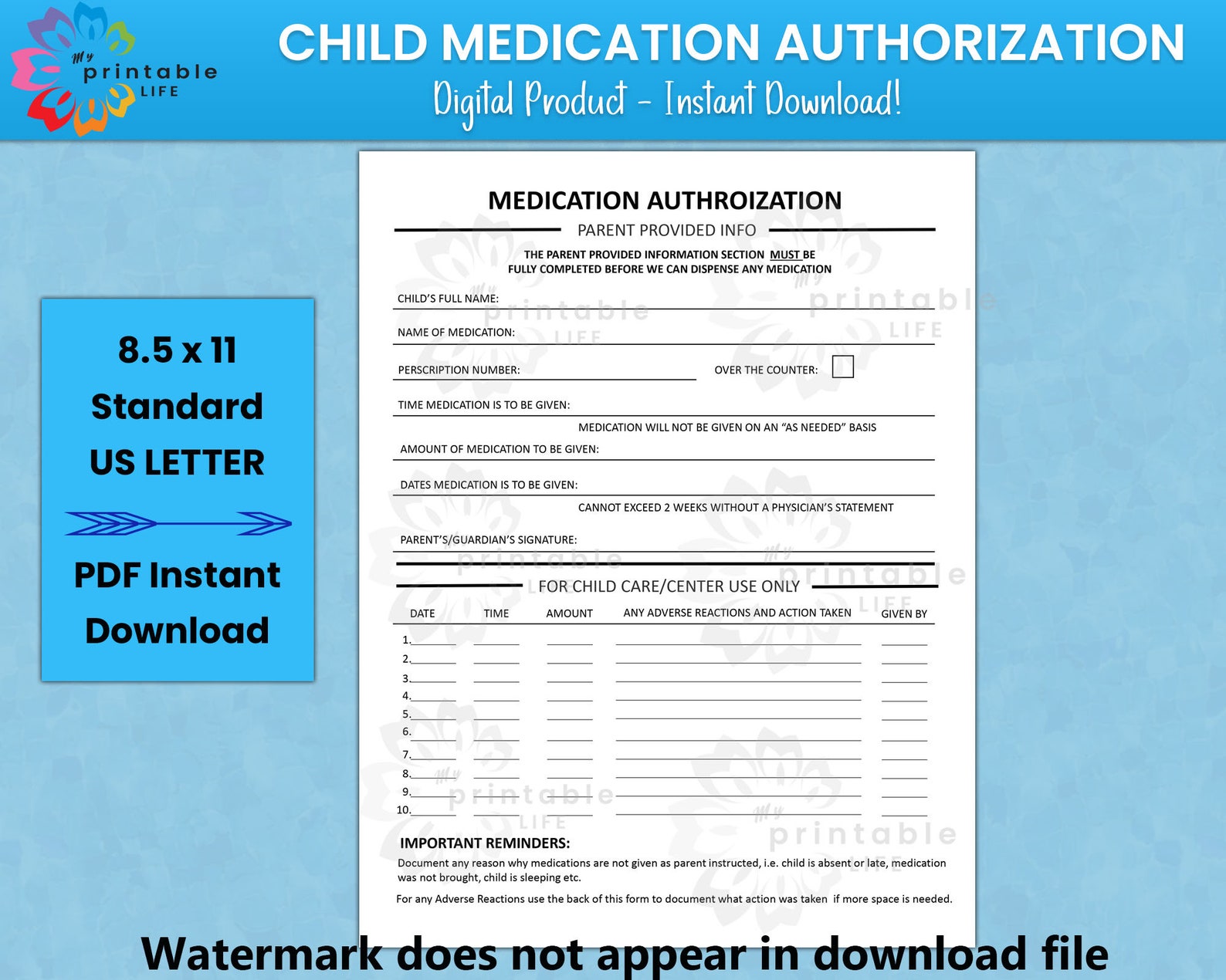 DAYCARE MEDICATION FORM, Childcare Center Medication Authorization Form ...