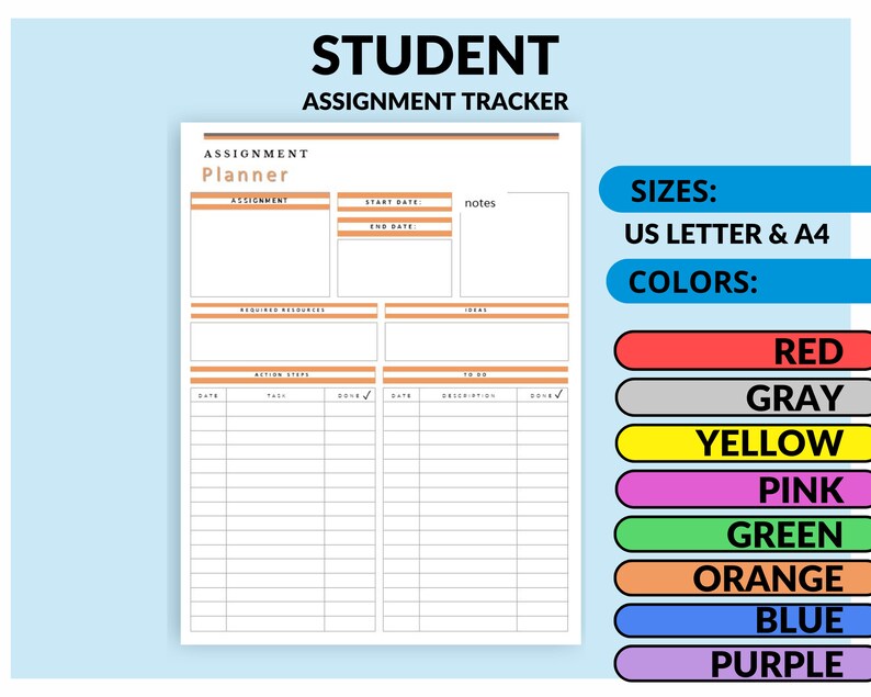 Assignment Planner Printable for Students | Homework Tracker | Academic Organizer - Etsy