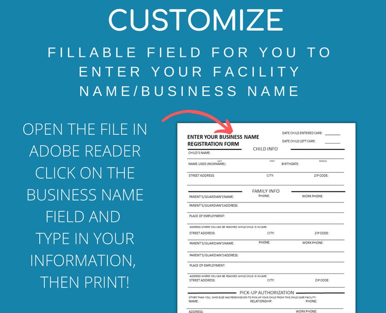 DAYCARE REGISTRATION FORM Fillable Business Name Printable Child Care ...