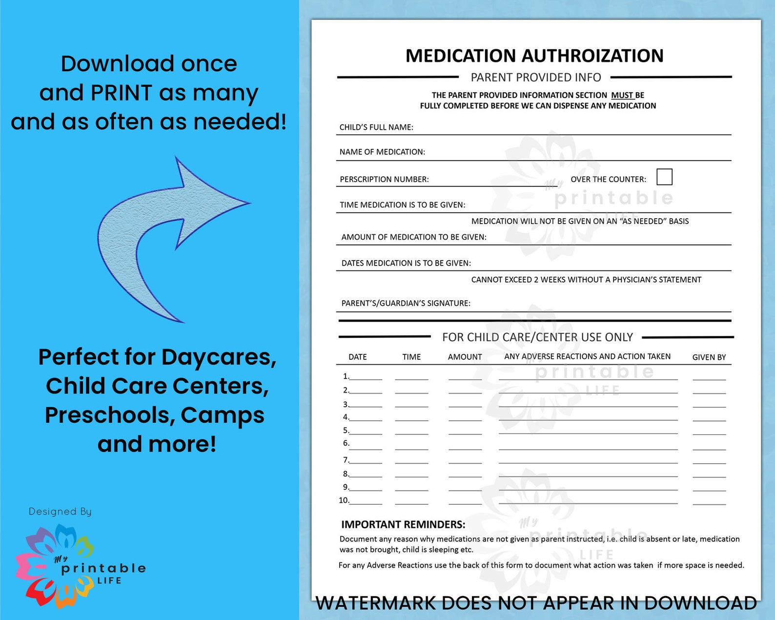 DAYCARE MEDICATION FORM, Childcare Center Medication Authorization Form ...
