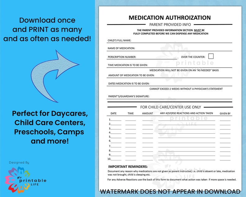 DAYCARE MEDICATION FORM, Childcare Center Medication Authorization Form ...