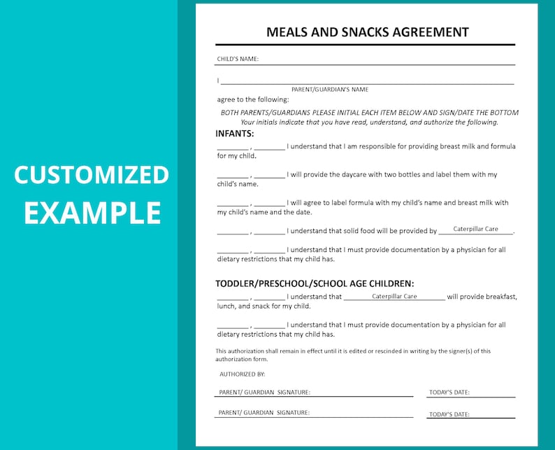 Daycare Meals and Snacks Agreement, Child Care Form - Etsy