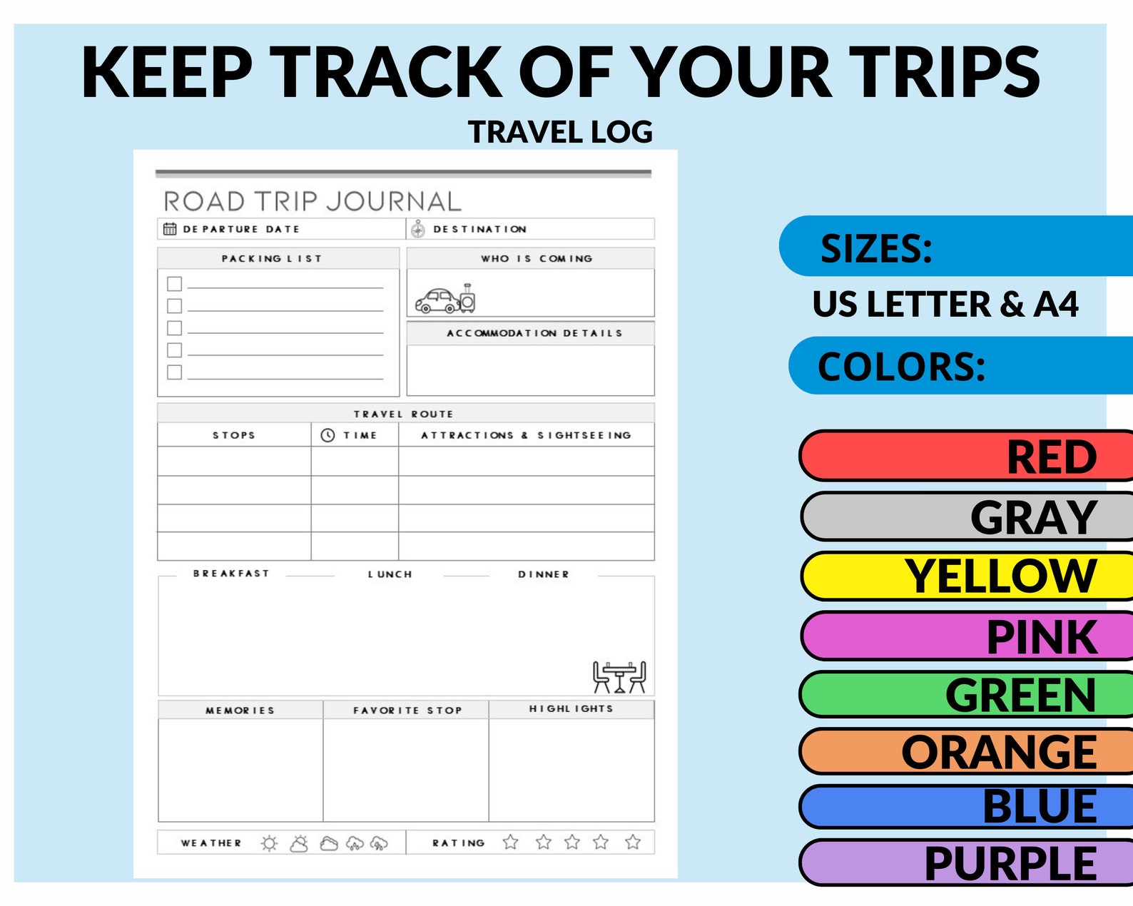 Road Trip Journal Printable | Travel Planner | Vacation Tracker ...