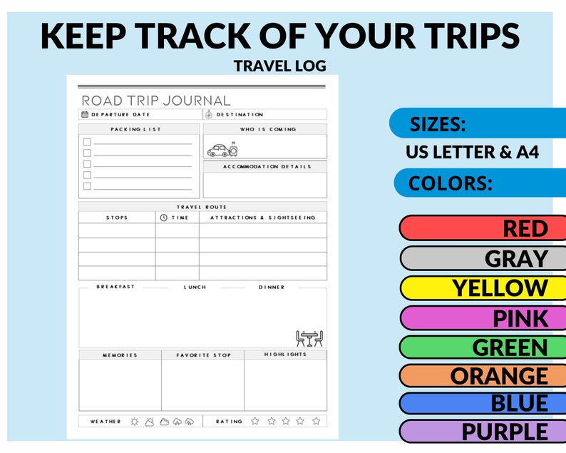 Road Trip Journal Printable | Travel Planner | Vacation Tracker ...