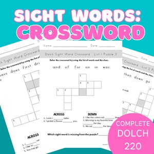 Sight Words Crossword Puzzle Worksheets | 220 Dolch Words | 33 Puzzles ...