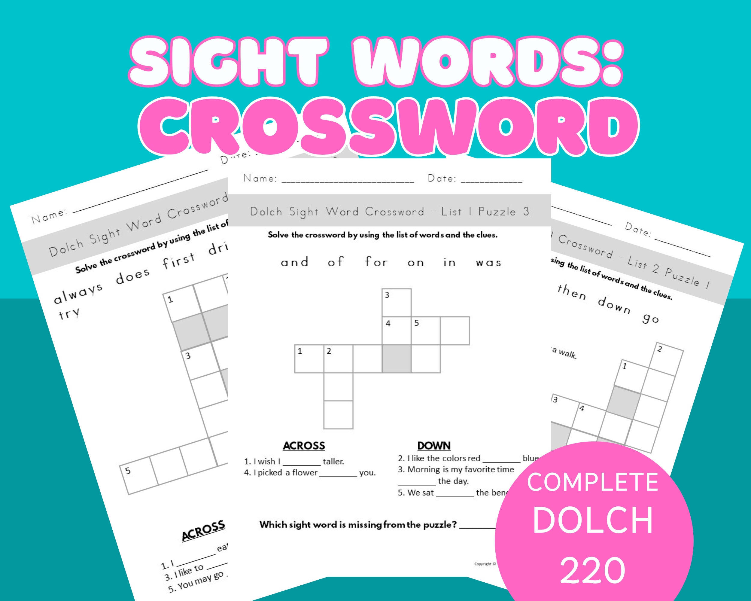 Sight Words Crossword Puzzle Worksheets | 220 Dolch Words | 33 Puzzles ...