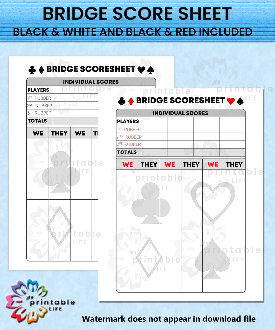 BRIDGE Score Sheet, Card Game Scorecard, Comes in 2 Colors, 2 Sizes ...