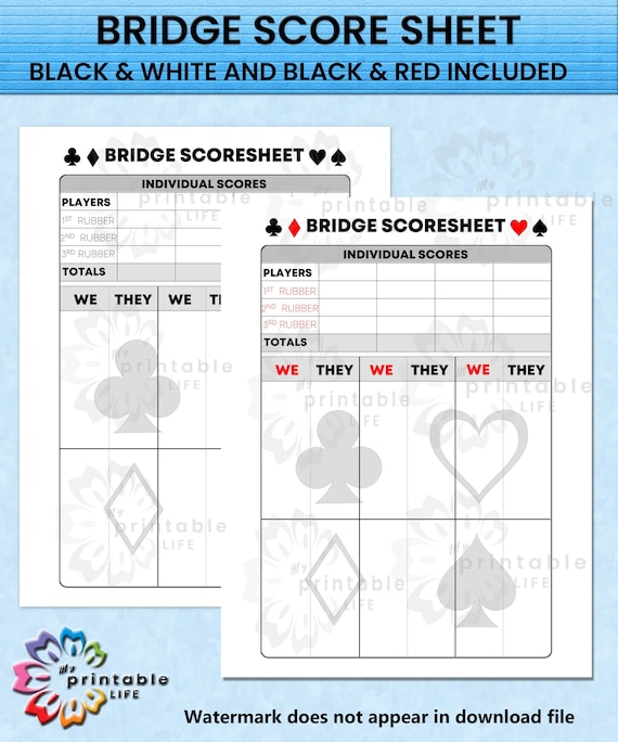 BRIDGE Score Sheet Card Game Scorecard Comes in 2 Colors 2 - Etsy