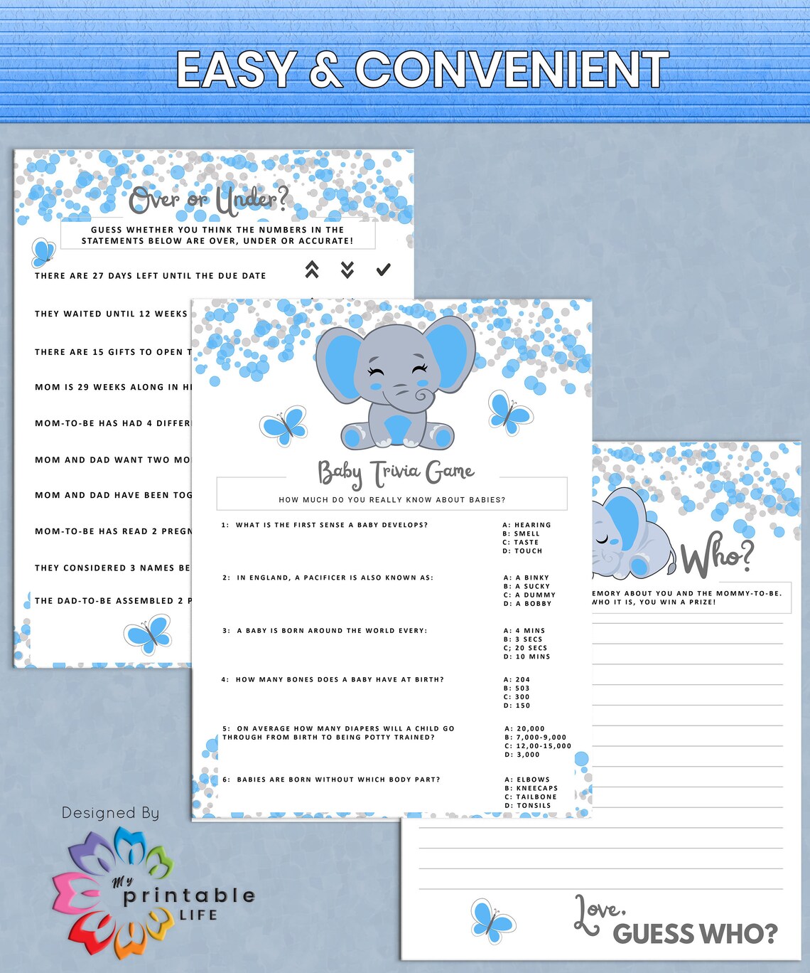 Elephant Baby Shower Games Printable Game Bundle Blue Elephant - Etsy