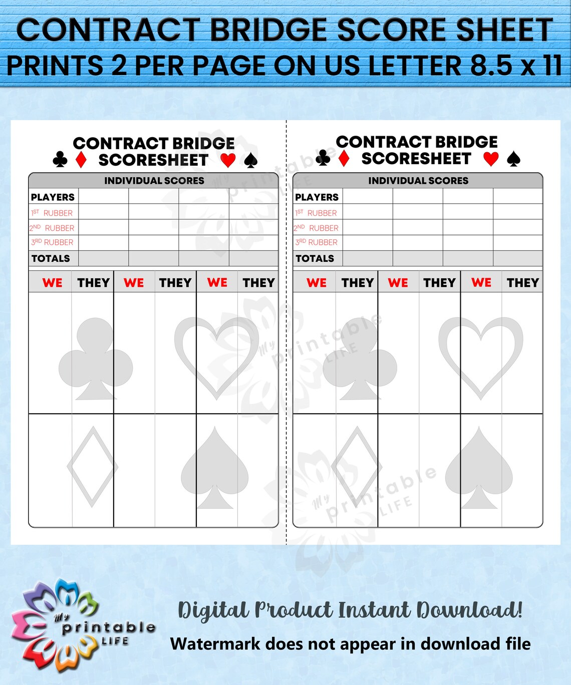 CONTRACT BRIDGE Score Sheet, Card Game Scorecard, Comes in 2 Colors, 2 ...