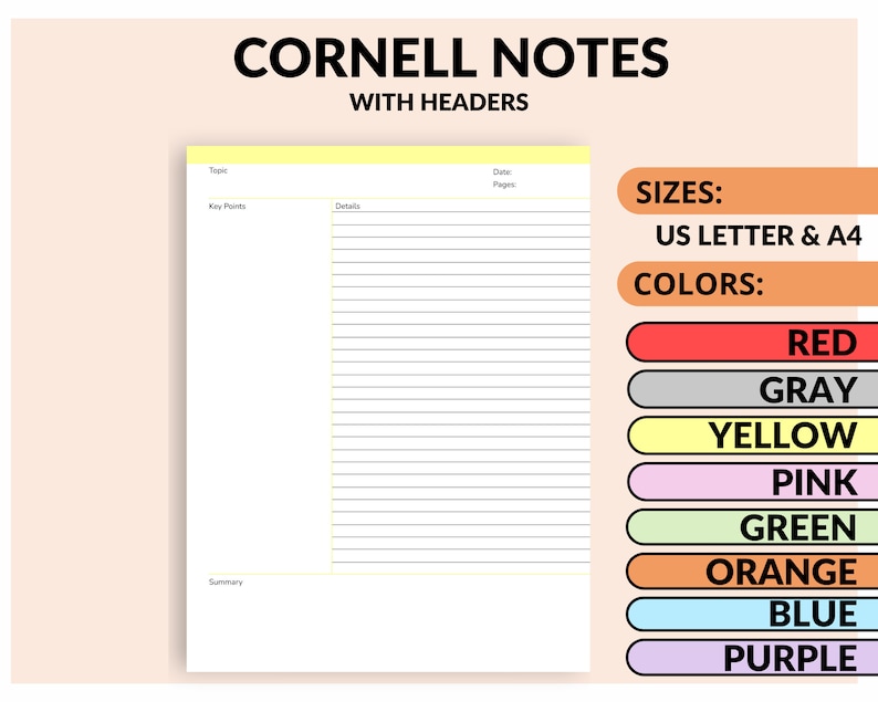 Cornell Notes Paper Printable: Study Tool (A4, US Letter) - Etsy