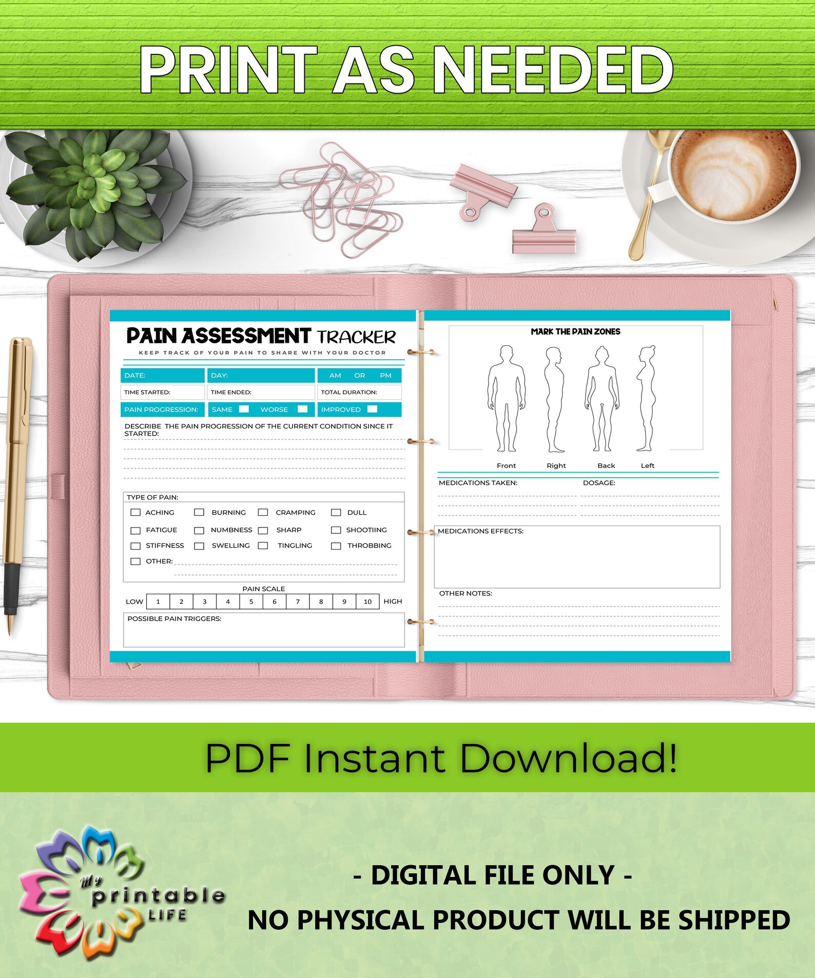 Pain Tracker Planner Printable PDF Insert - Arthritis, Migraine ...