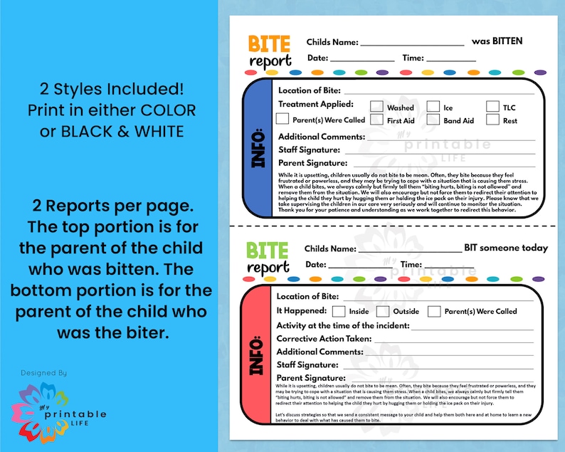 BITE REPORT- Daycare Printable Child Biting Incident Report, Preschool ...