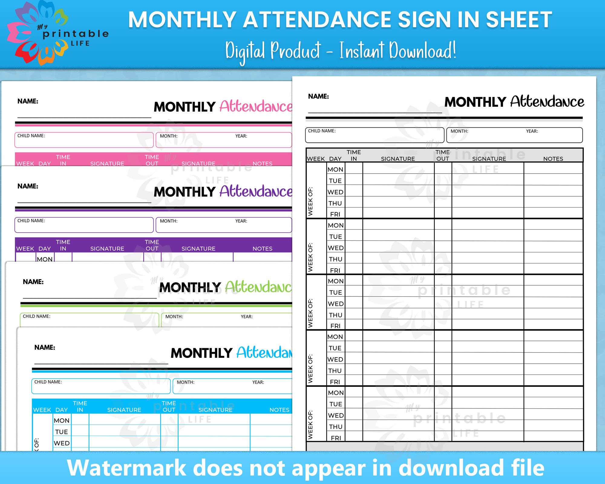 Monthly Attendance Form Sign-in Sign-out Sheet Event Printable ...