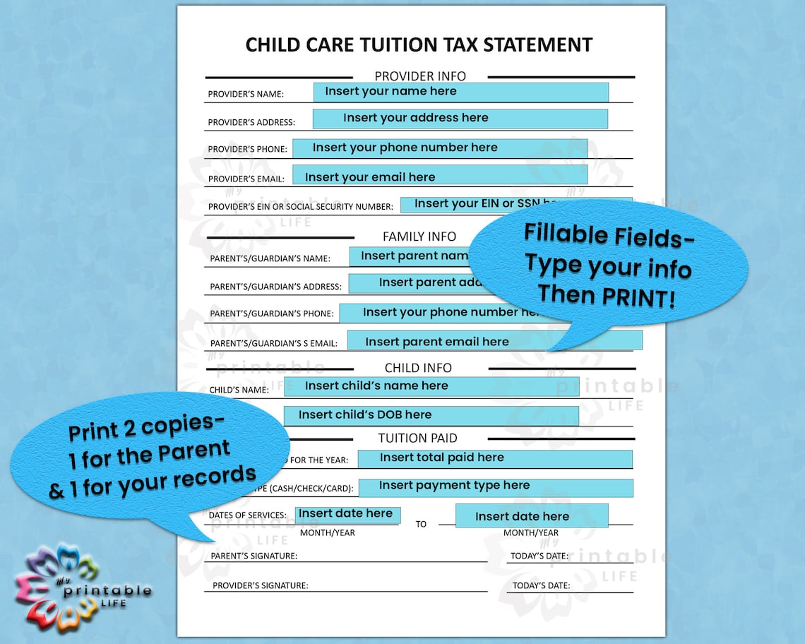 CHILD CARE TAX Statement Form Daycare or Childcare Printable, Tuition ...