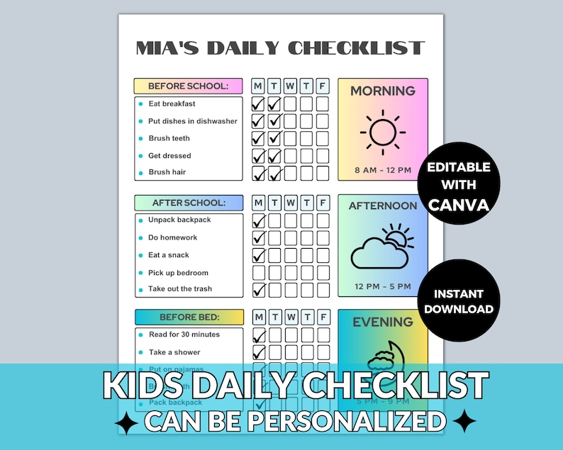 Kids Daily Schedule Checklist Printable | Editable Chore ...