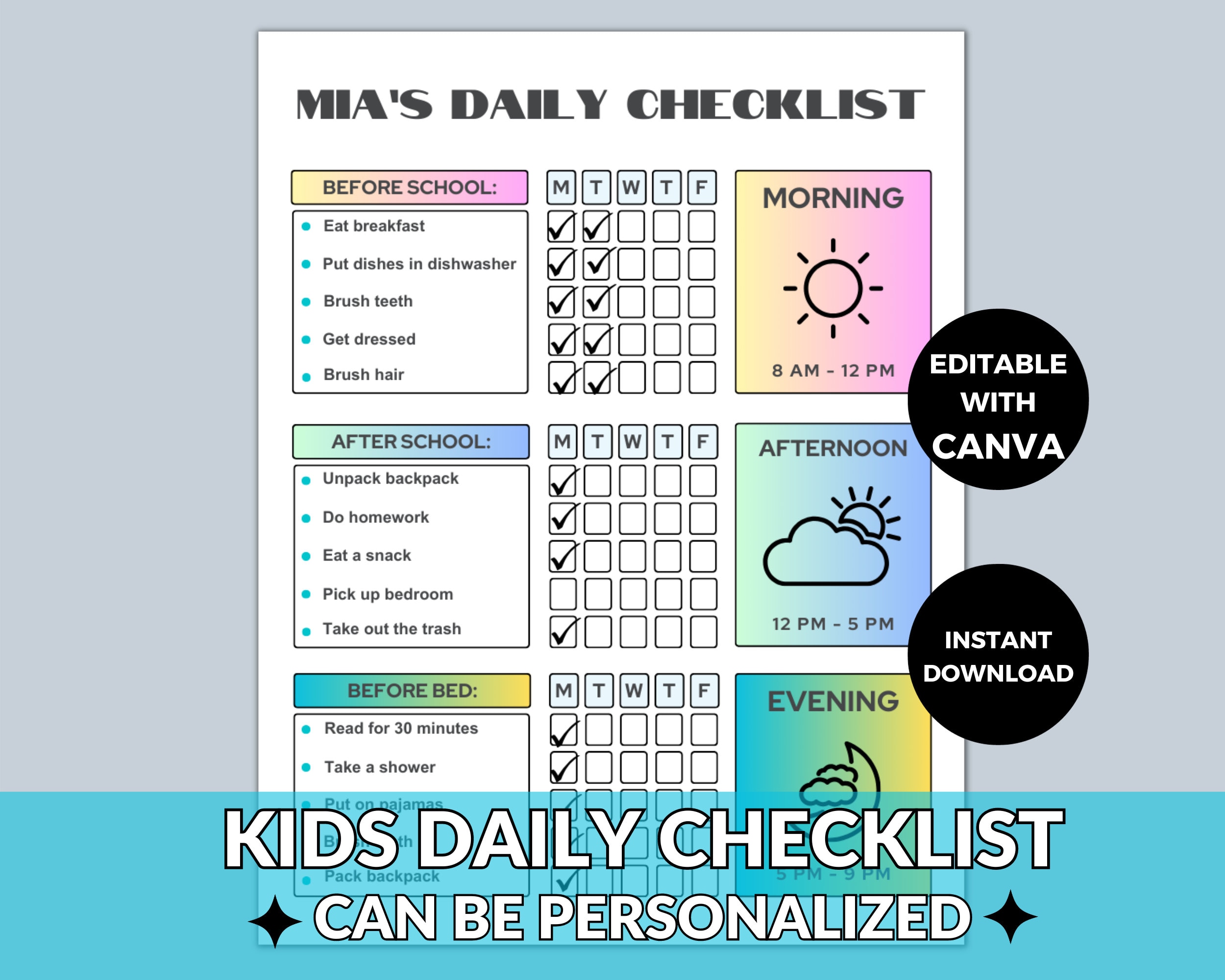 Kids Daily Schedule Checklist Printable | Editable Chore ...