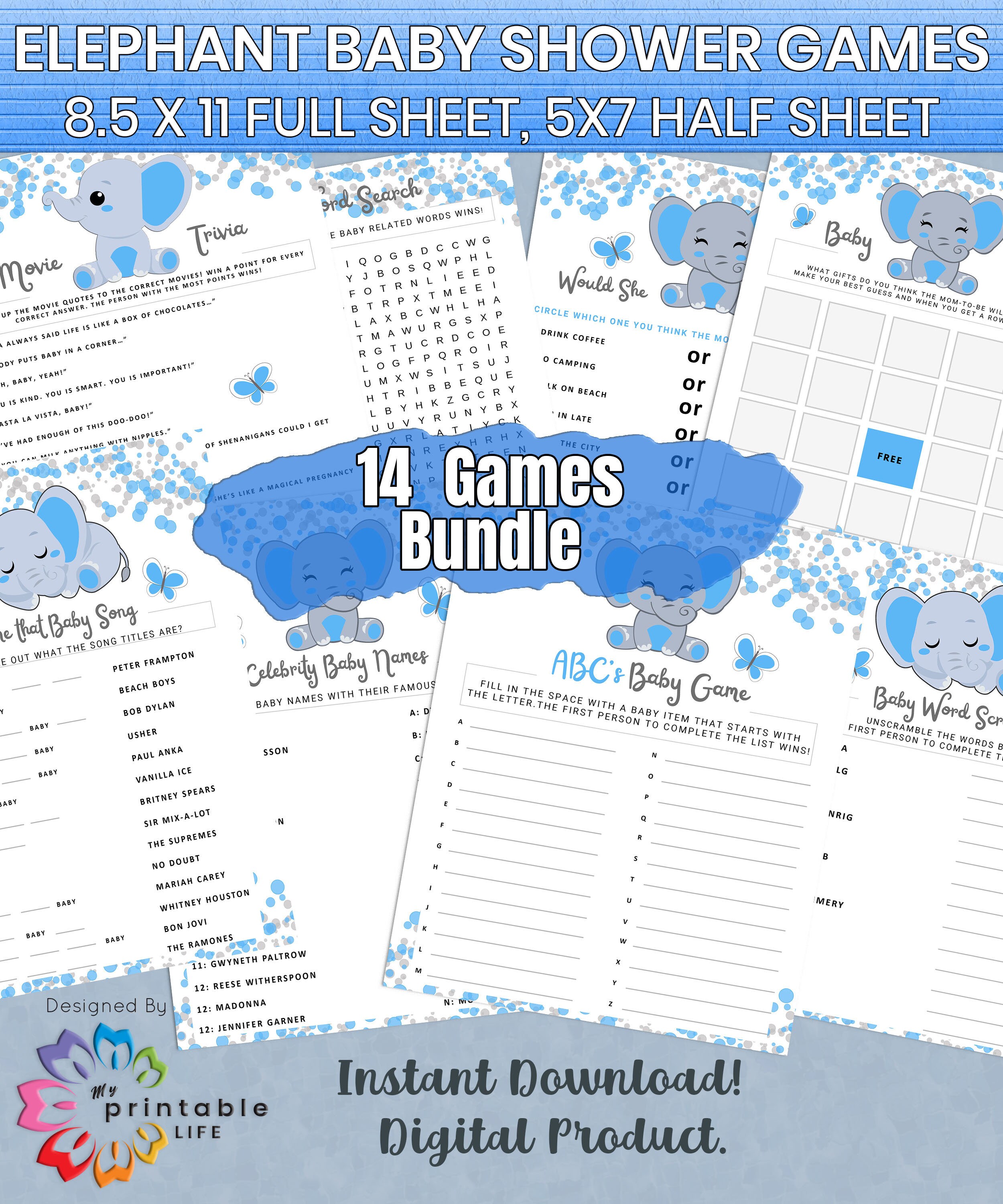 Elephant Baby Shower Games Printable Game Bundle Blue Elephant | Etsy
