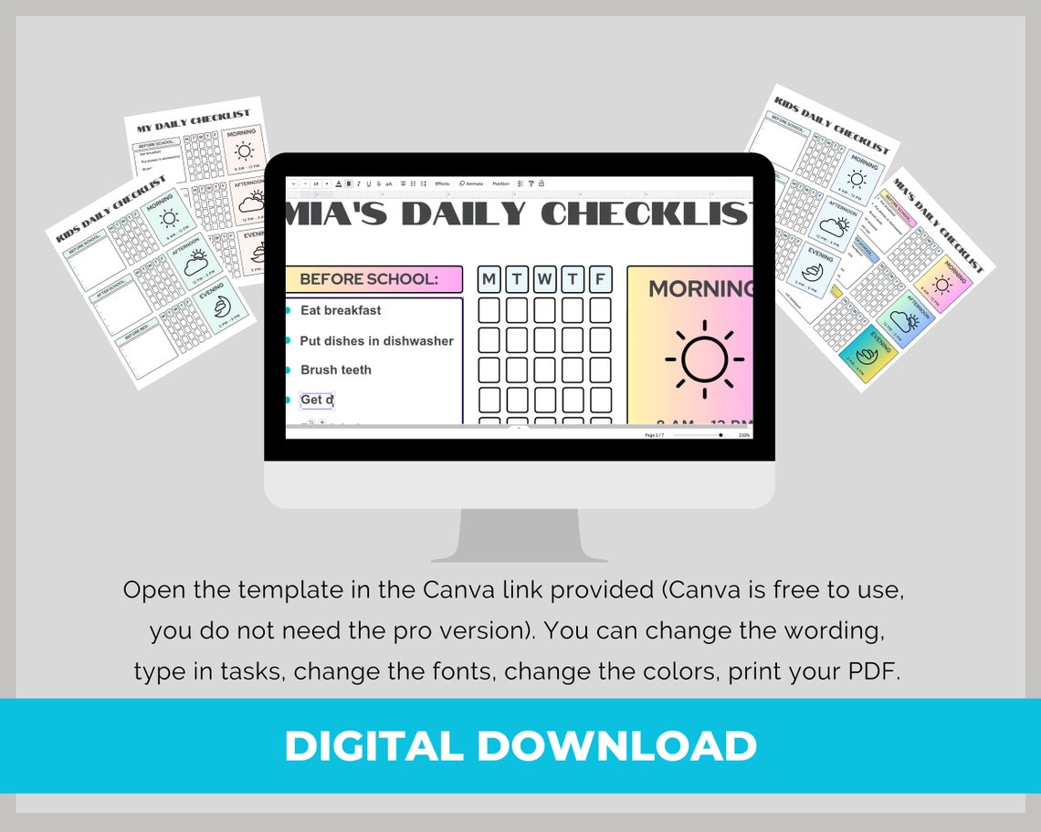 Kids Daily Schedule Checklist Printable Editable Chore & Responsibility ...