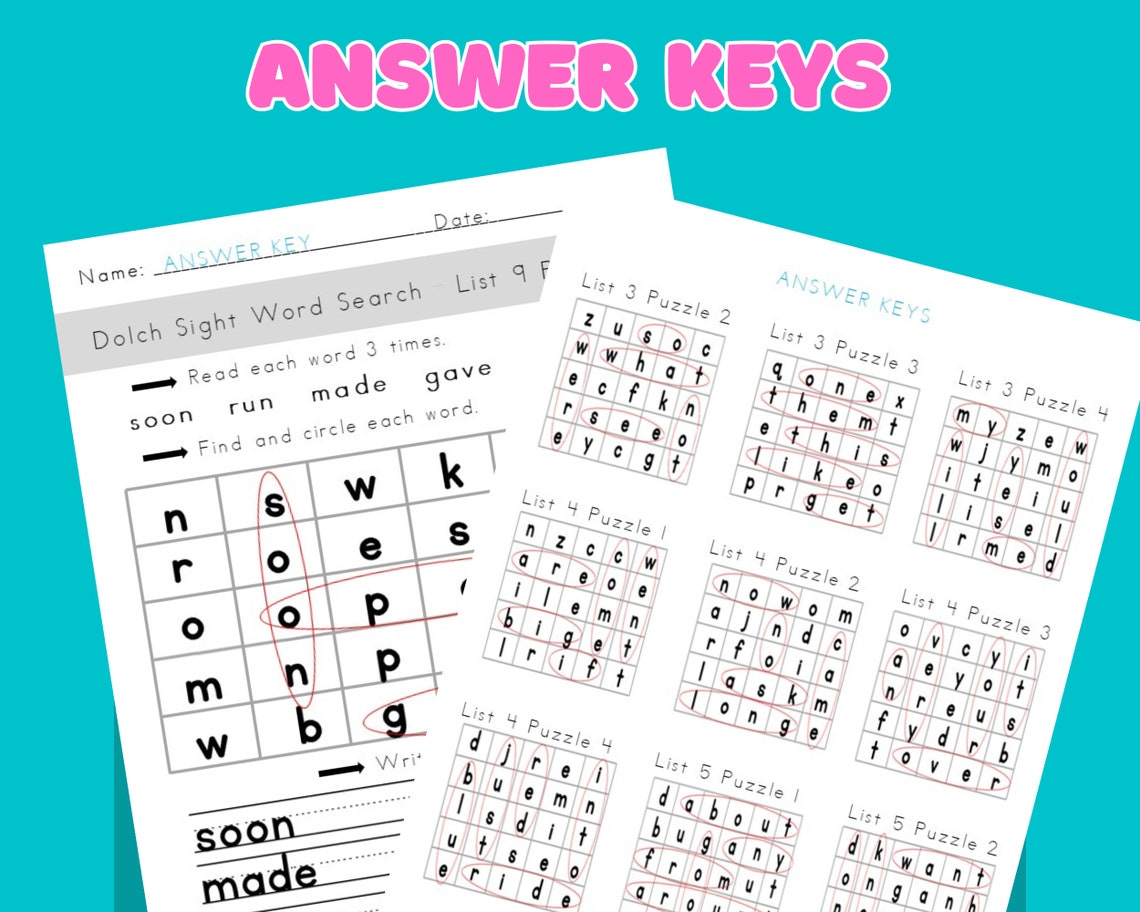 Sight Words Word Search Puzzle Worksheets | 220 Dolch Words | 44 ...