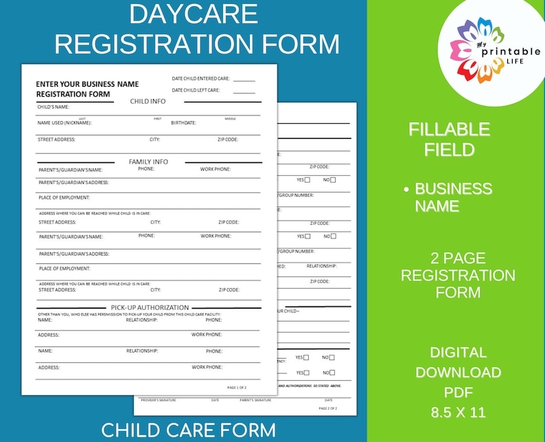 DAYCARE REGISTRATION FORM Fillable Business Name Printable Child Care ...