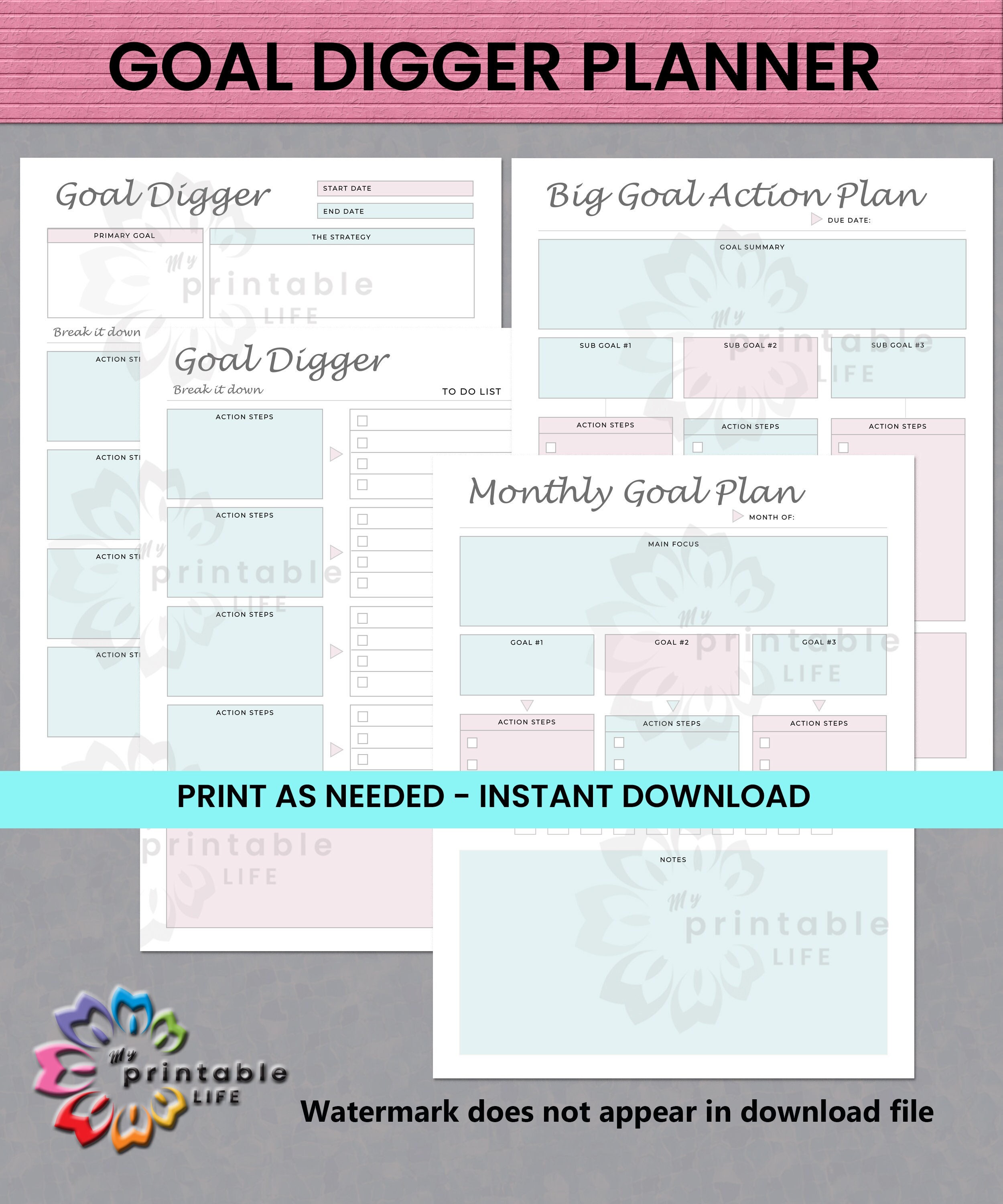 Goal Digger Planner Printable, Big Goal Action Plan, Monthly Goal Plan ...