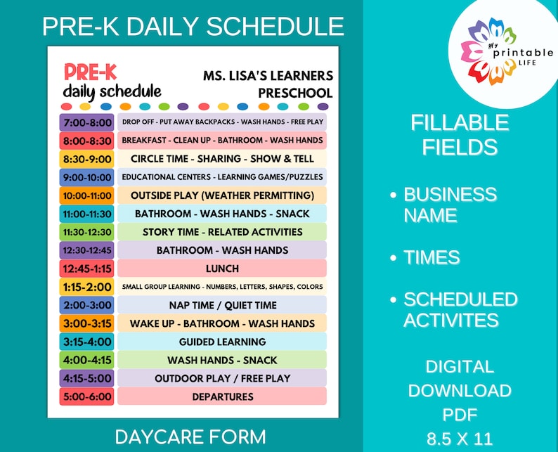 Daycare Daily Schedule for Pre-k Printable Child Care Fillable PDF - Etsy