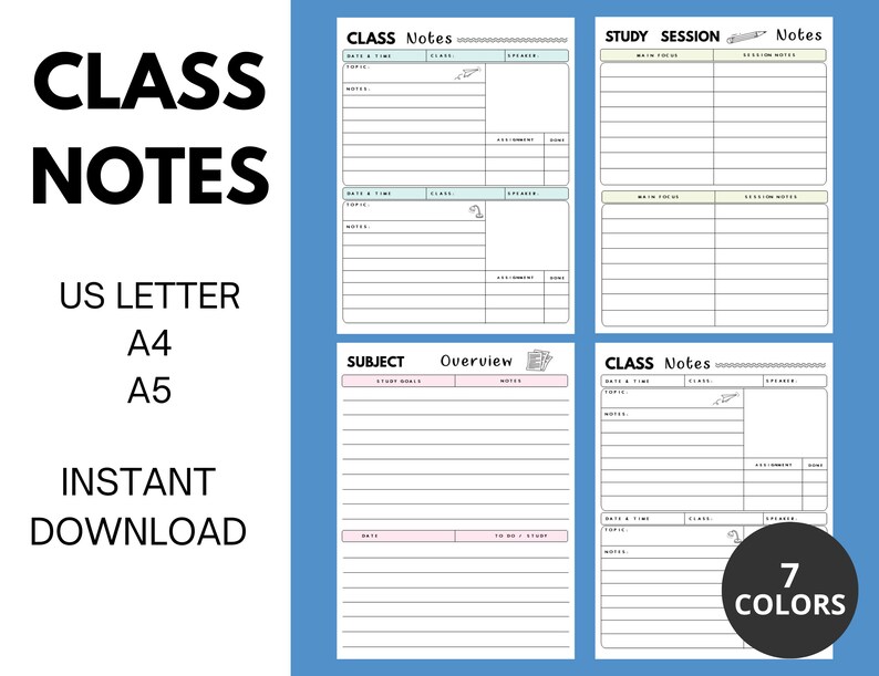 Class Notes Template, Printable Study Session, Subject Overview Pages ...