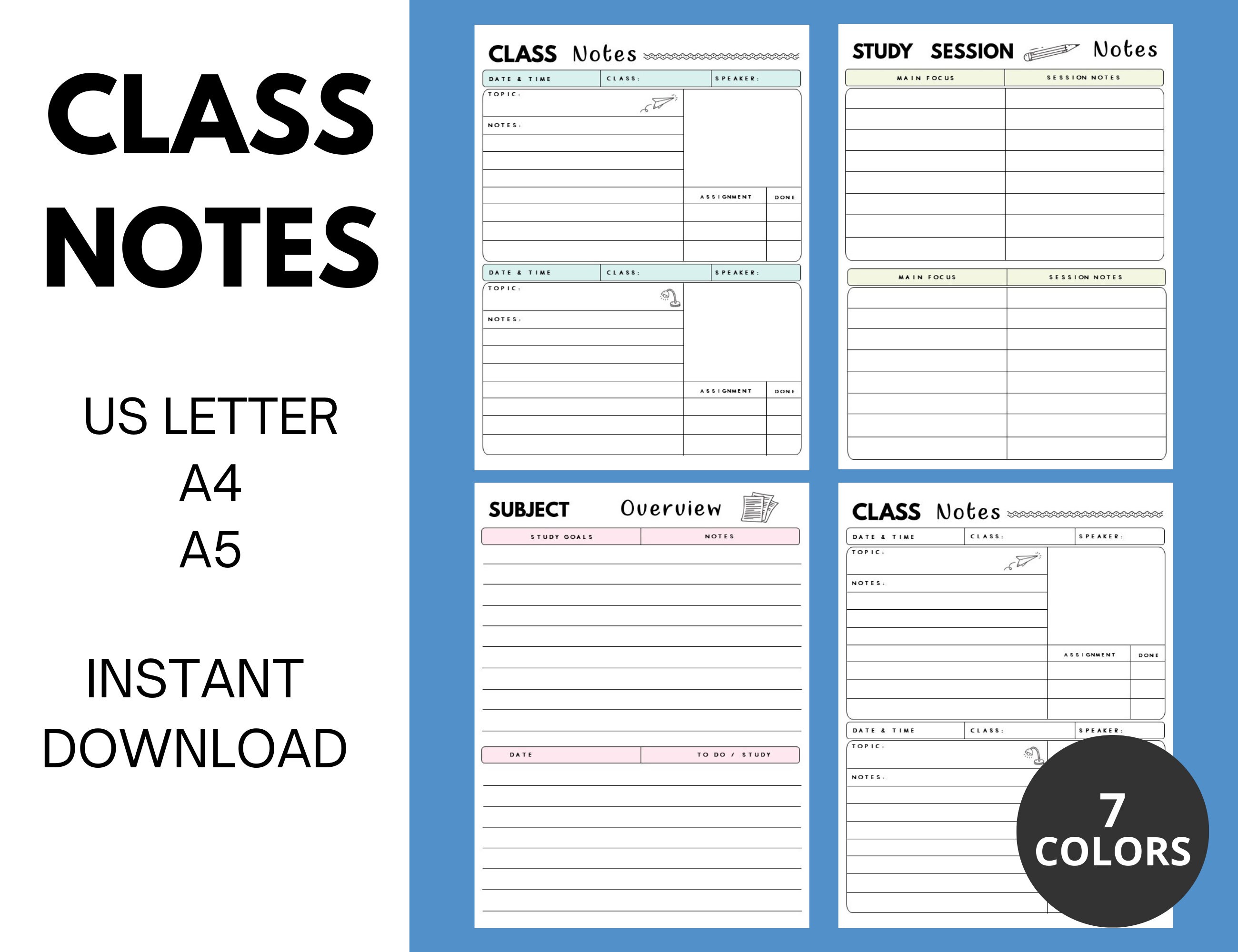 Class Notes Template, Printable Study Session, Subject Overview Pages ...