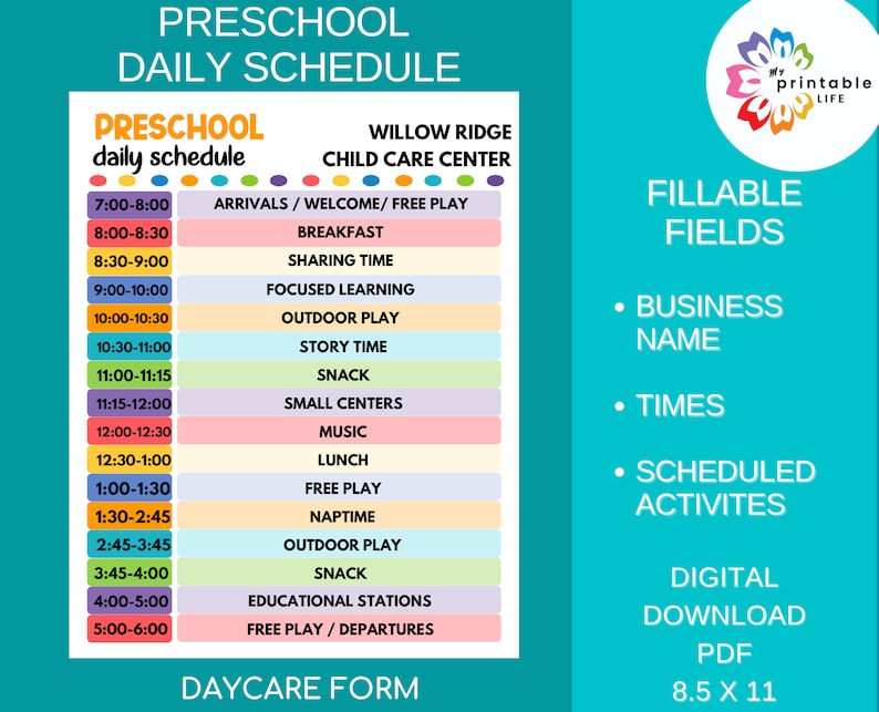 Daycare Daily Schedule for PRESCHOOL Printable Child Care Fillable PDF ...