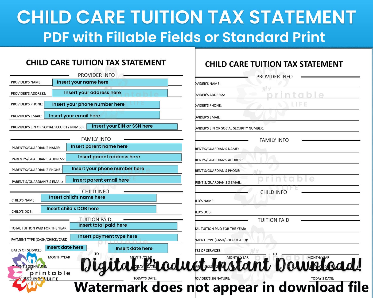 CHILD CARE TAX Statement Form Daycare or Childcare Printable, Tuition ...
