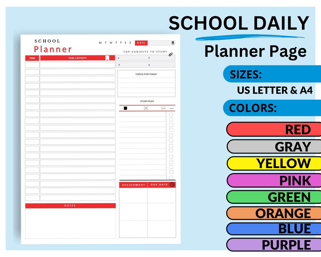 School Daily Planner Page | Printable Organizer for Students and ...