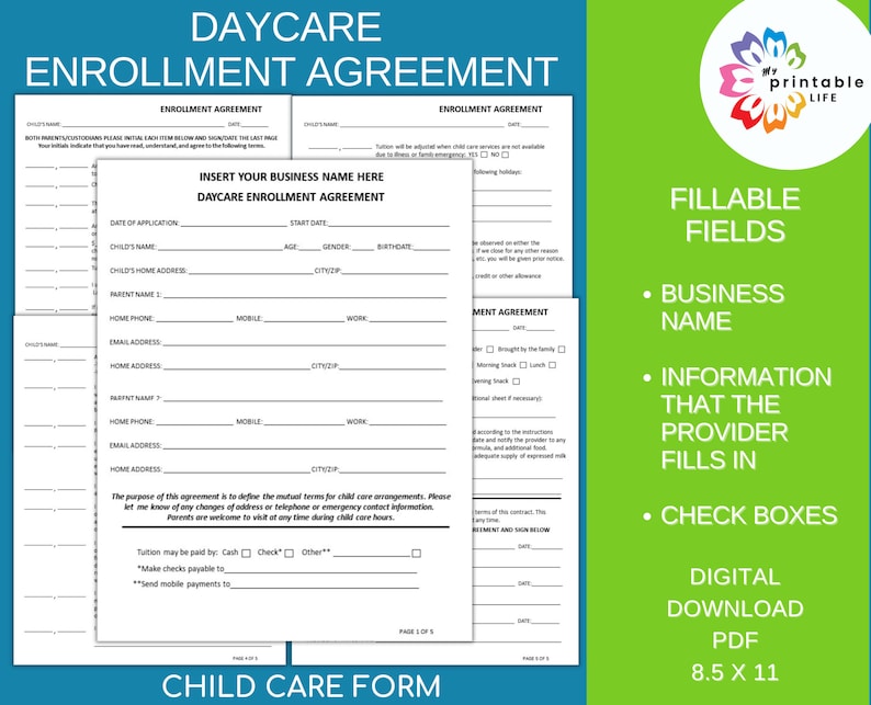 DAYCARE ENROLLMENT AGREEMENT Form, Fillable Child Care Contract - Etsy