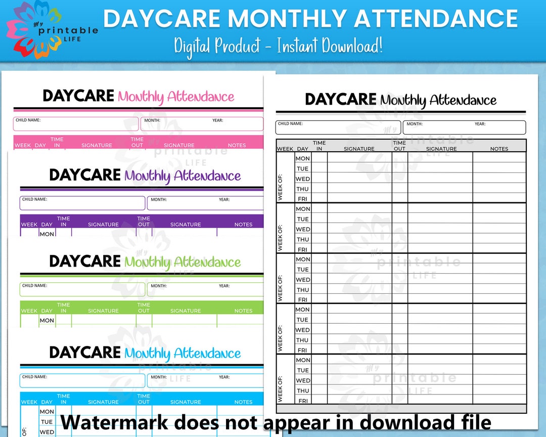 Daycare Monthly Attendance Form Sign-in Sign-out Sheet Daycare ...
