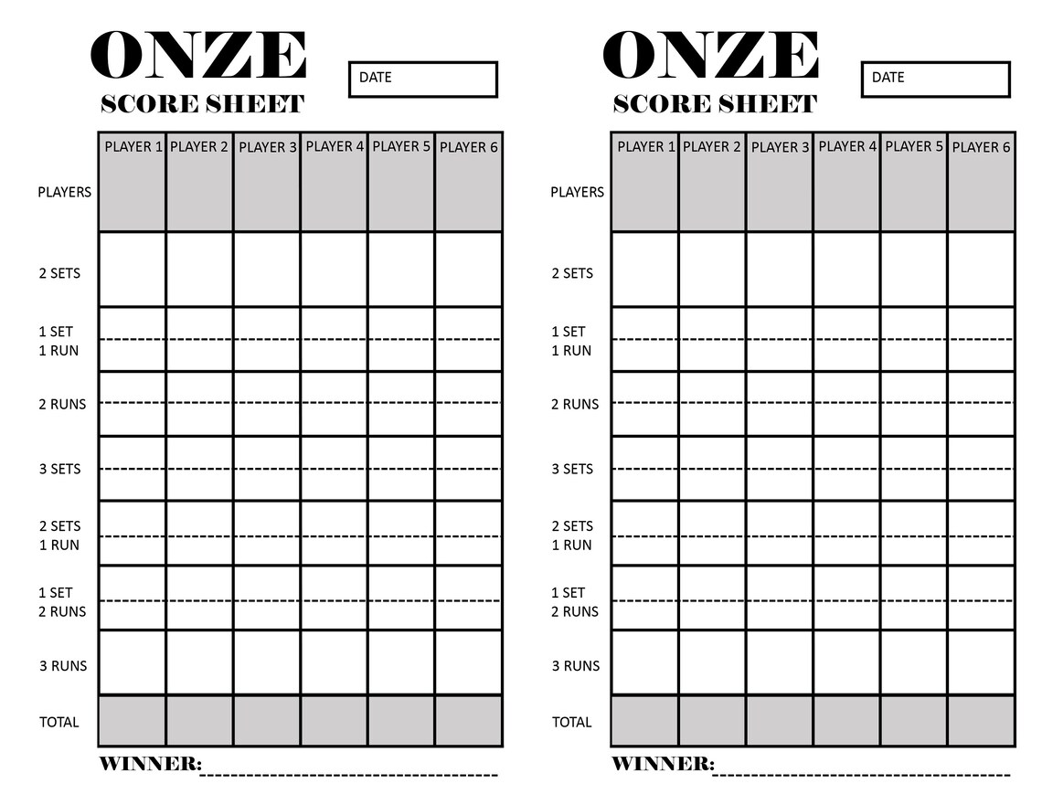 ONZE Score Sheet, Card Game Scorecard, Bonus Rules (digital Download ...