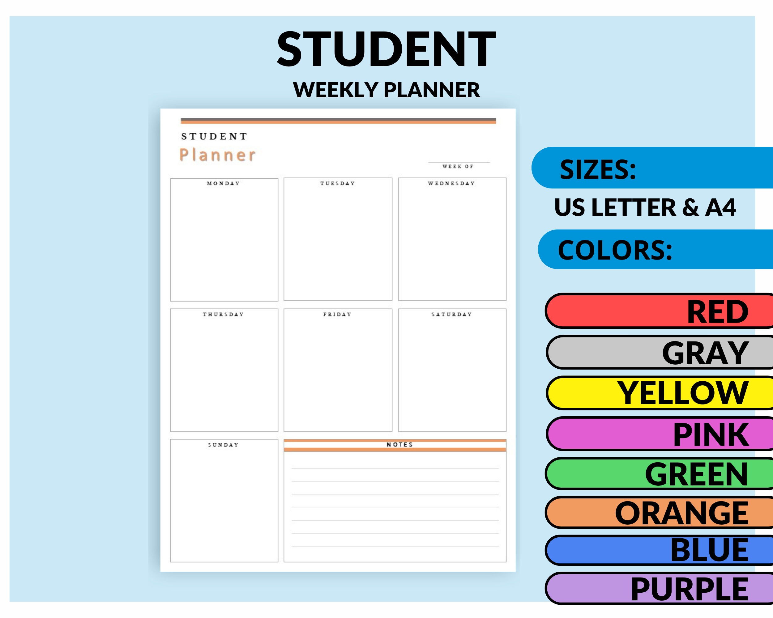 Printable Student Weekly Planner Page Academic Organizer for Students ...