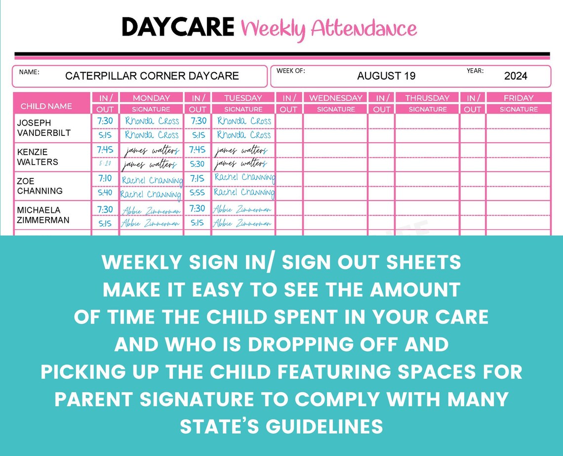 Daycare Weekly Attendance Fillable Form Sign-in Sign-out Sheet Daycare ...
