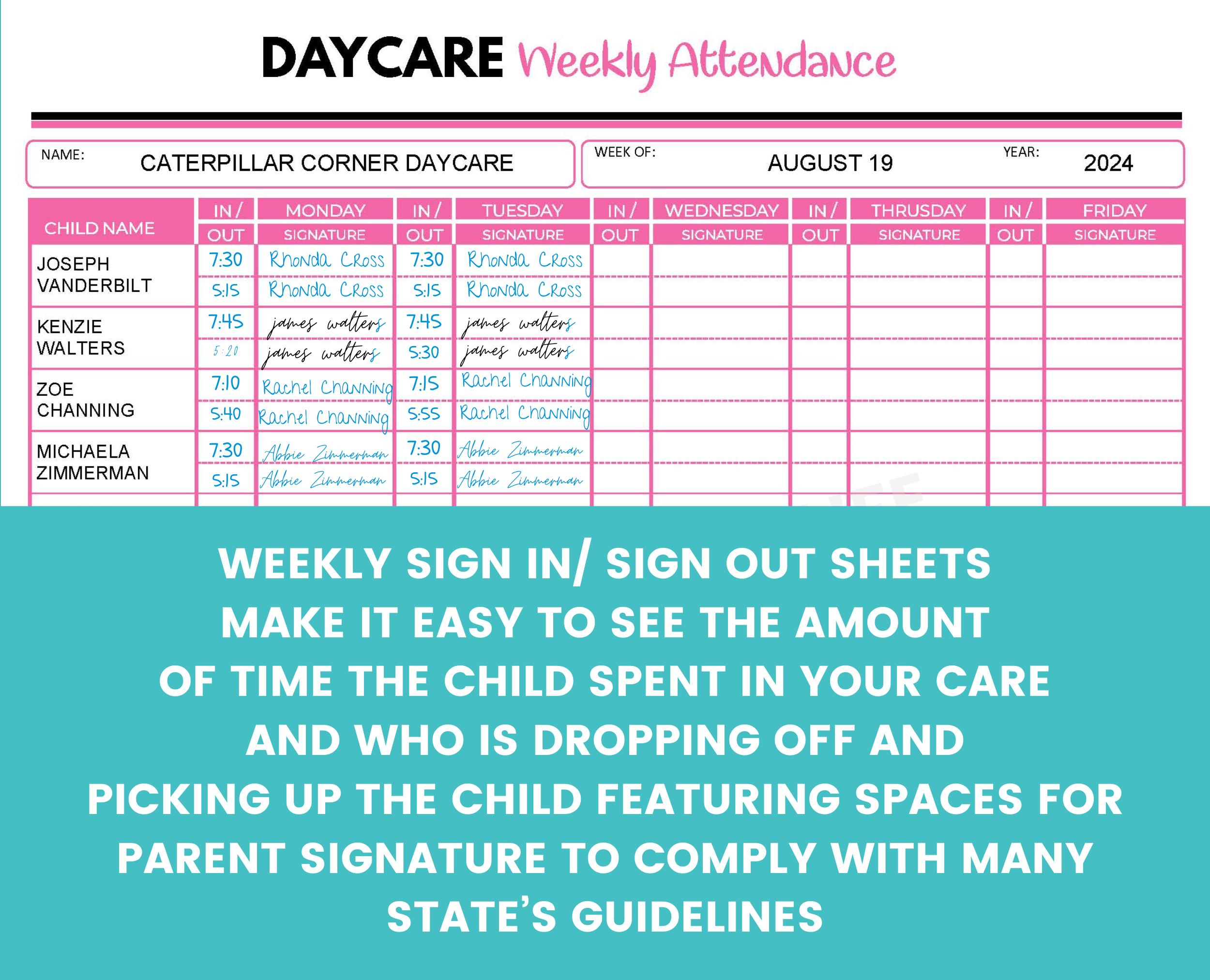 Daycare Weekly Attendance Fillable Form Sign-in Sign-out Sheet Daycare ...
