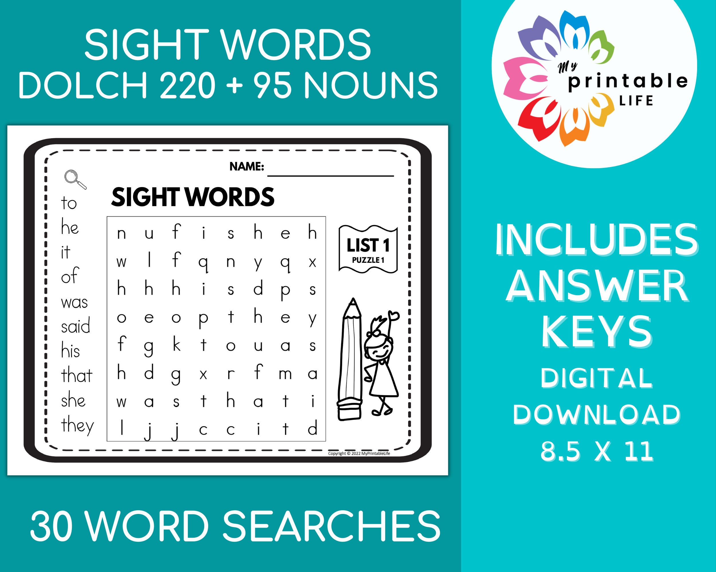 Sight Words Word Searches Complete Dolch 220 Plus 95 Nouns With Answer ...