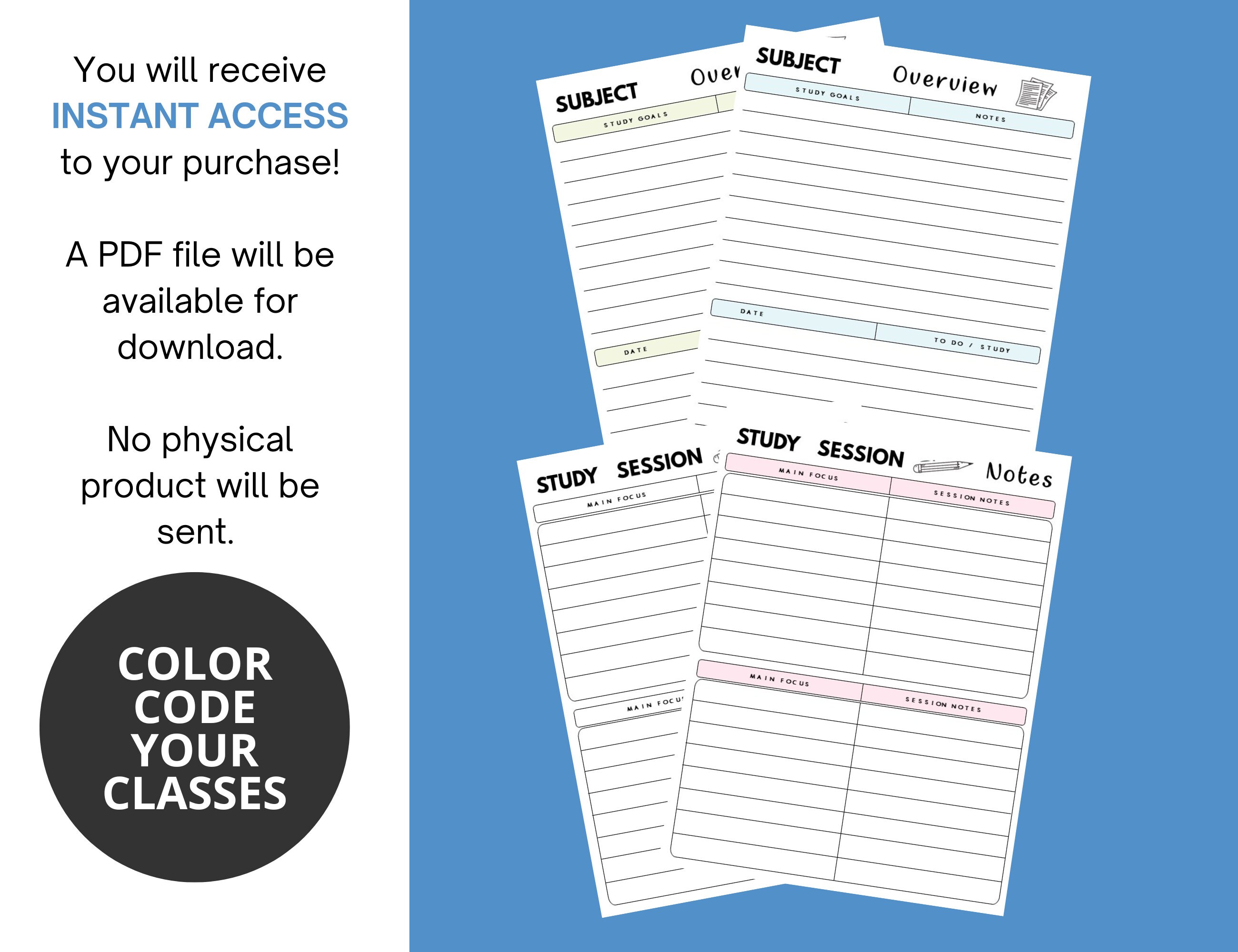 Class Notes Template, Printable Study Session, Subject Overview Pages ...