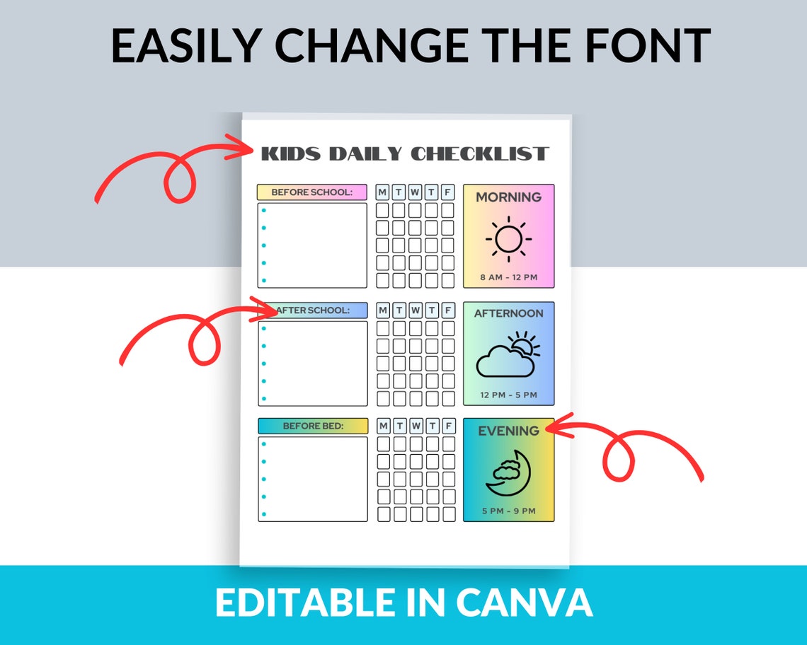 Kids Daily Schedule Checklist Printable Editable Chore & Responsibility ...