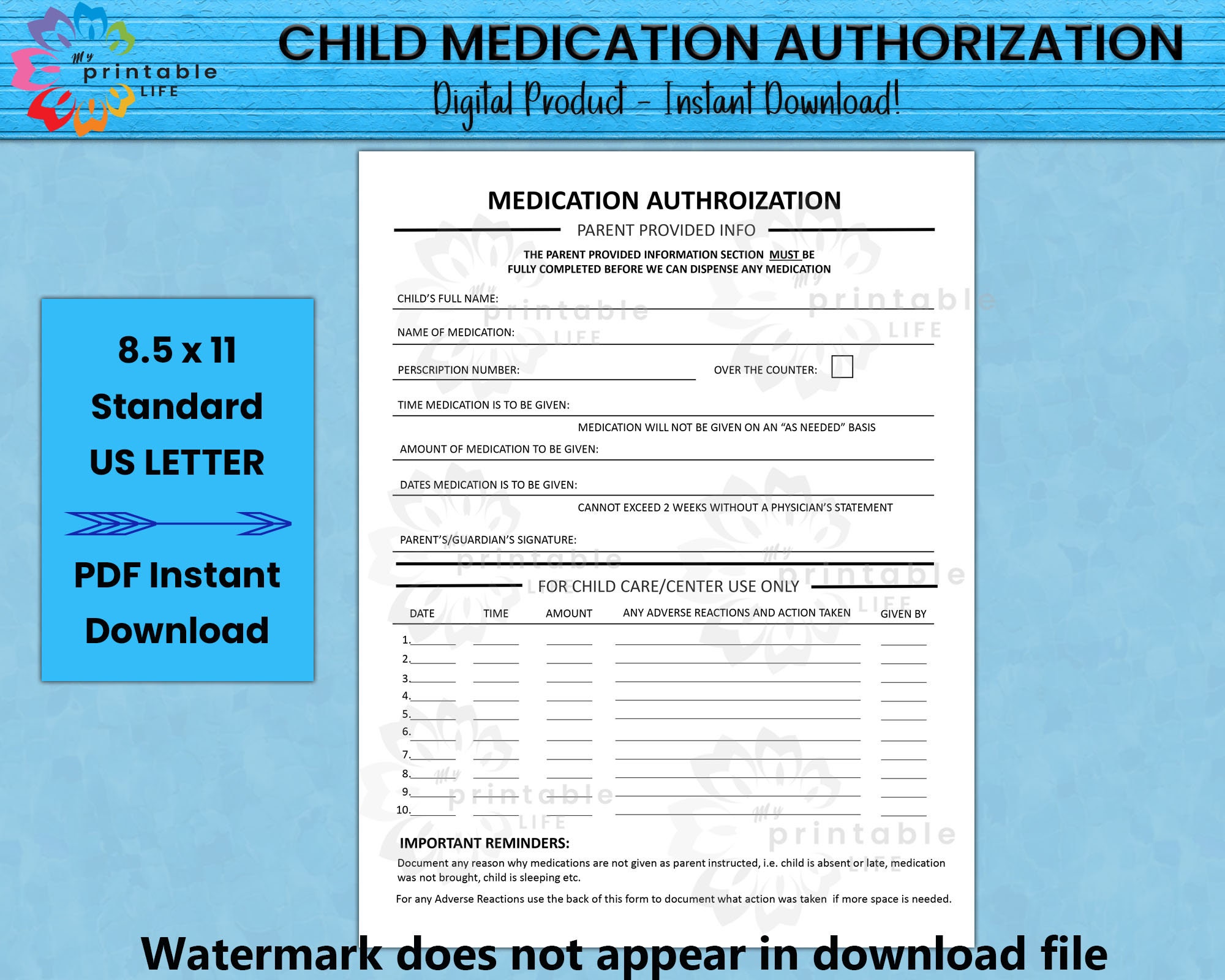 DAYCARE MEDICATION FORM Childcare Center Medication | Etsy Australia
