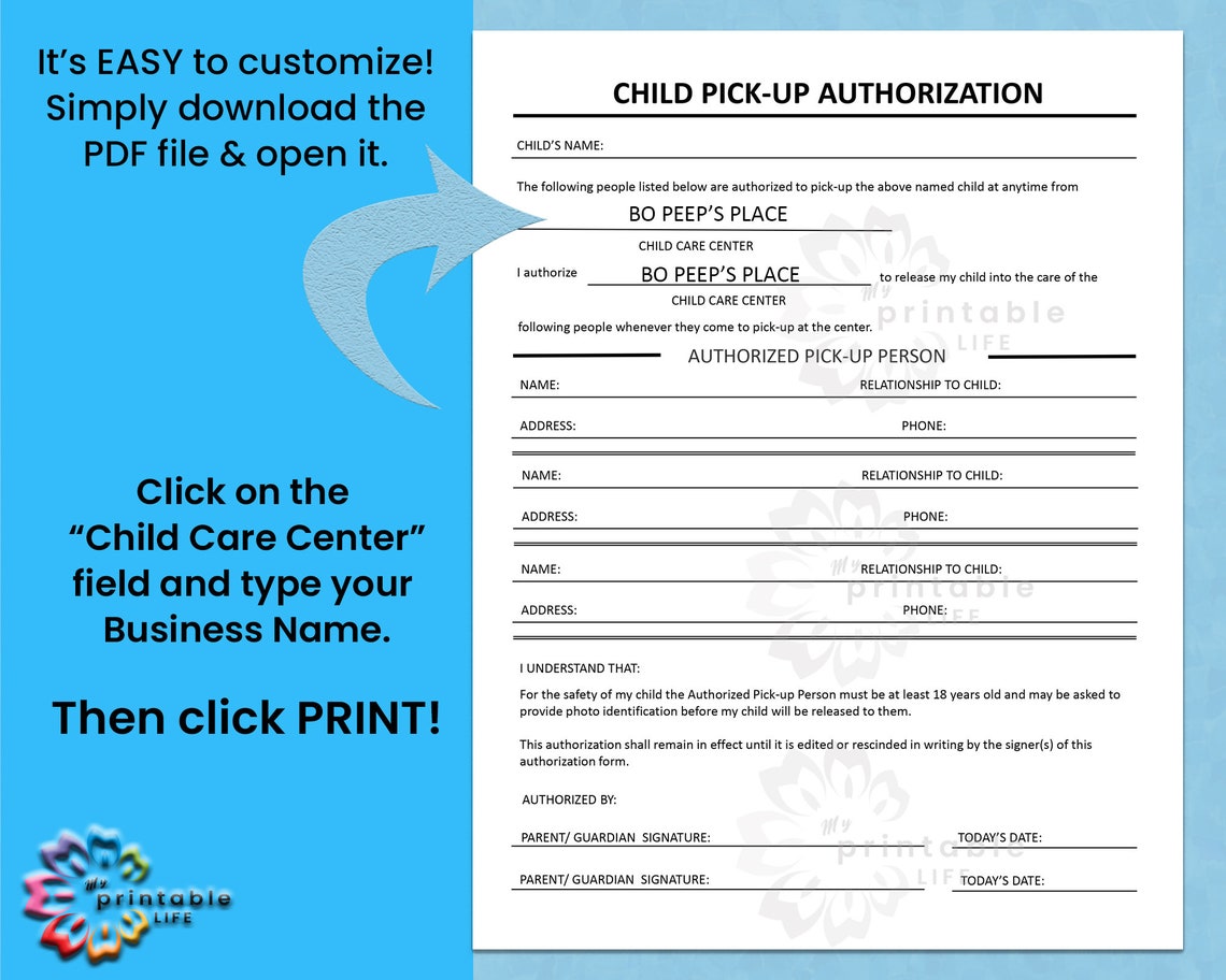 Child Pick-up Authorization Form, Daycare or Child Care, Printable ...