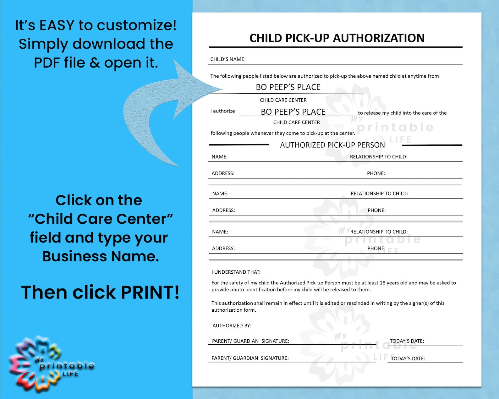 Child Pick-up Authorization Form, Daycare or Child Care, Printable ...