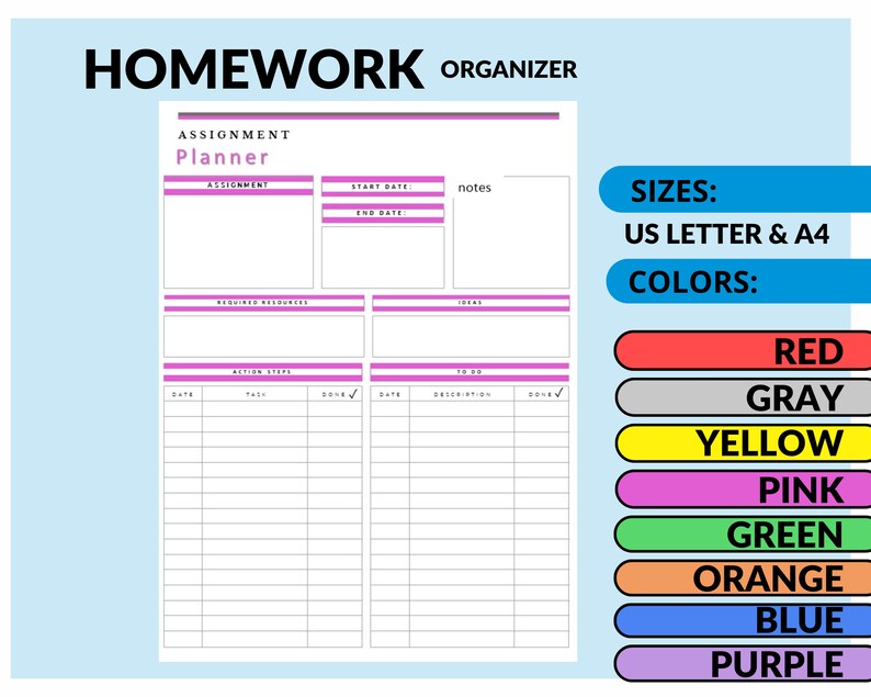 Assignment Planner Printable for Students | Homework Tracker | Academic ...
