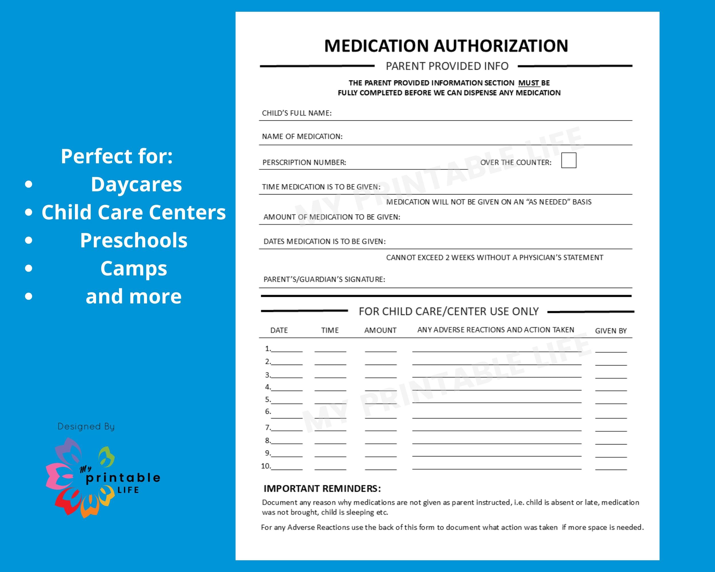 DAYCARE MEDICATION FORM, Childcare Center Medication Authorization Form ...