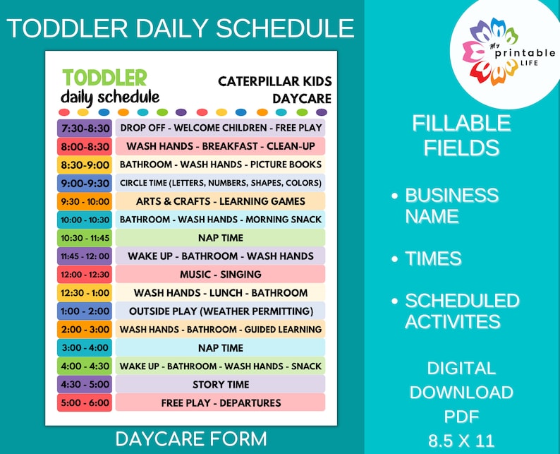 Daycare Daily Schedule for Toddlers Printable Child Care Fillable PDF ...
